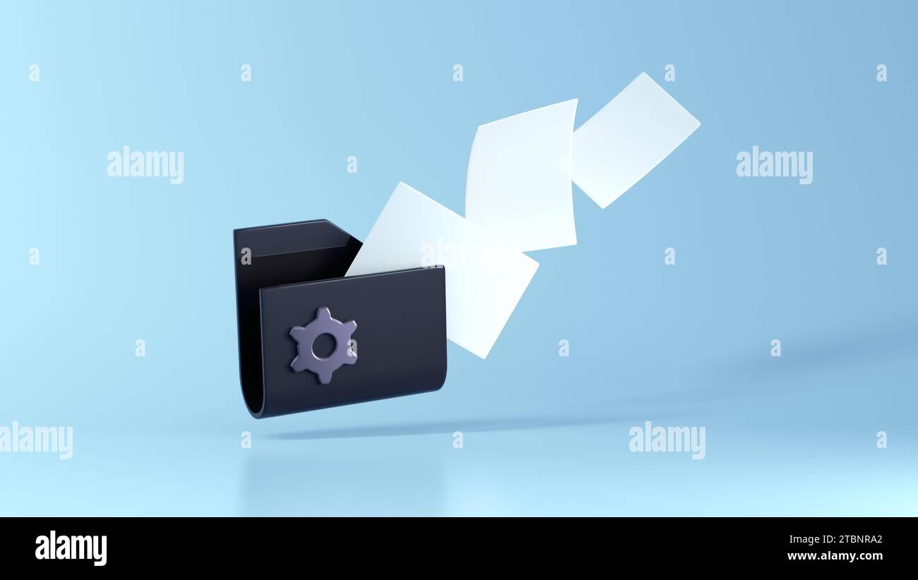 Black Setting Computer Folder With Flying Blank Documents Isolated Over Soft Blue Background ...