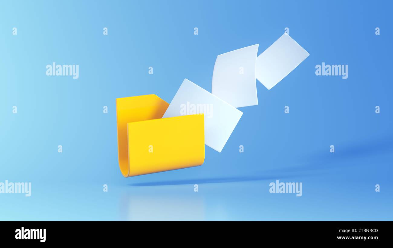 Yellow Computer Folder With Flying Blank Documents Isolated Over Soft Blue Background. Cartoon ...