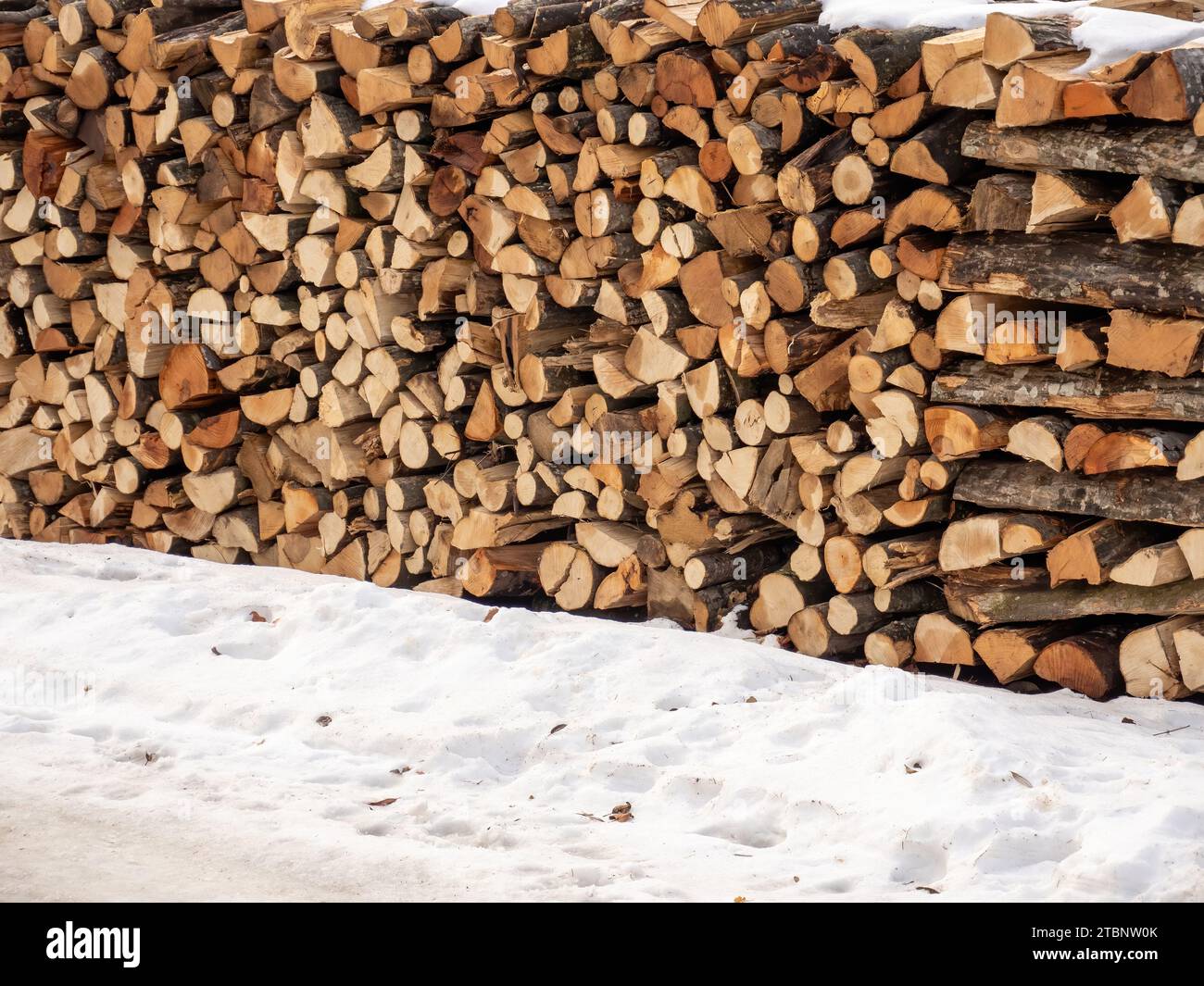 stack of chopped firewood in the snow Stock Photo - Alamy