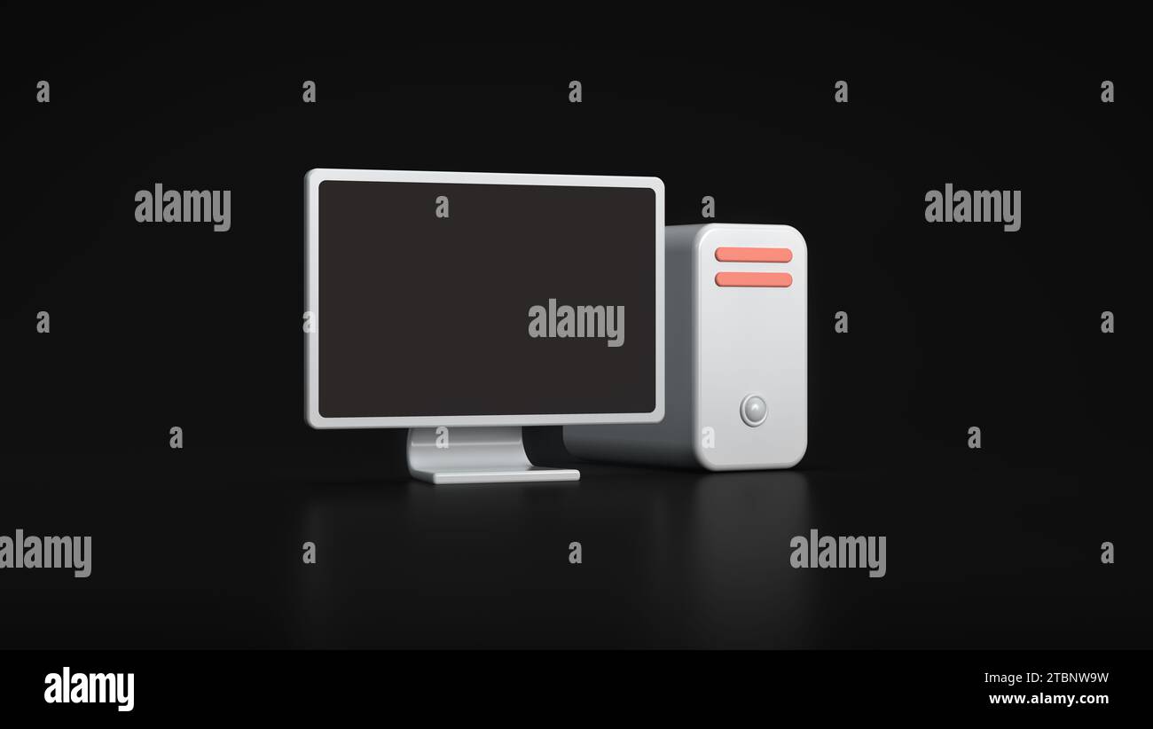 White Desktop Computer PC Icon on Black Studio Background. Cartoon ...