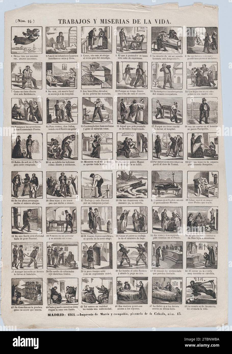 Broadside with 48 scenes depicting the trials and tribulations of life ...