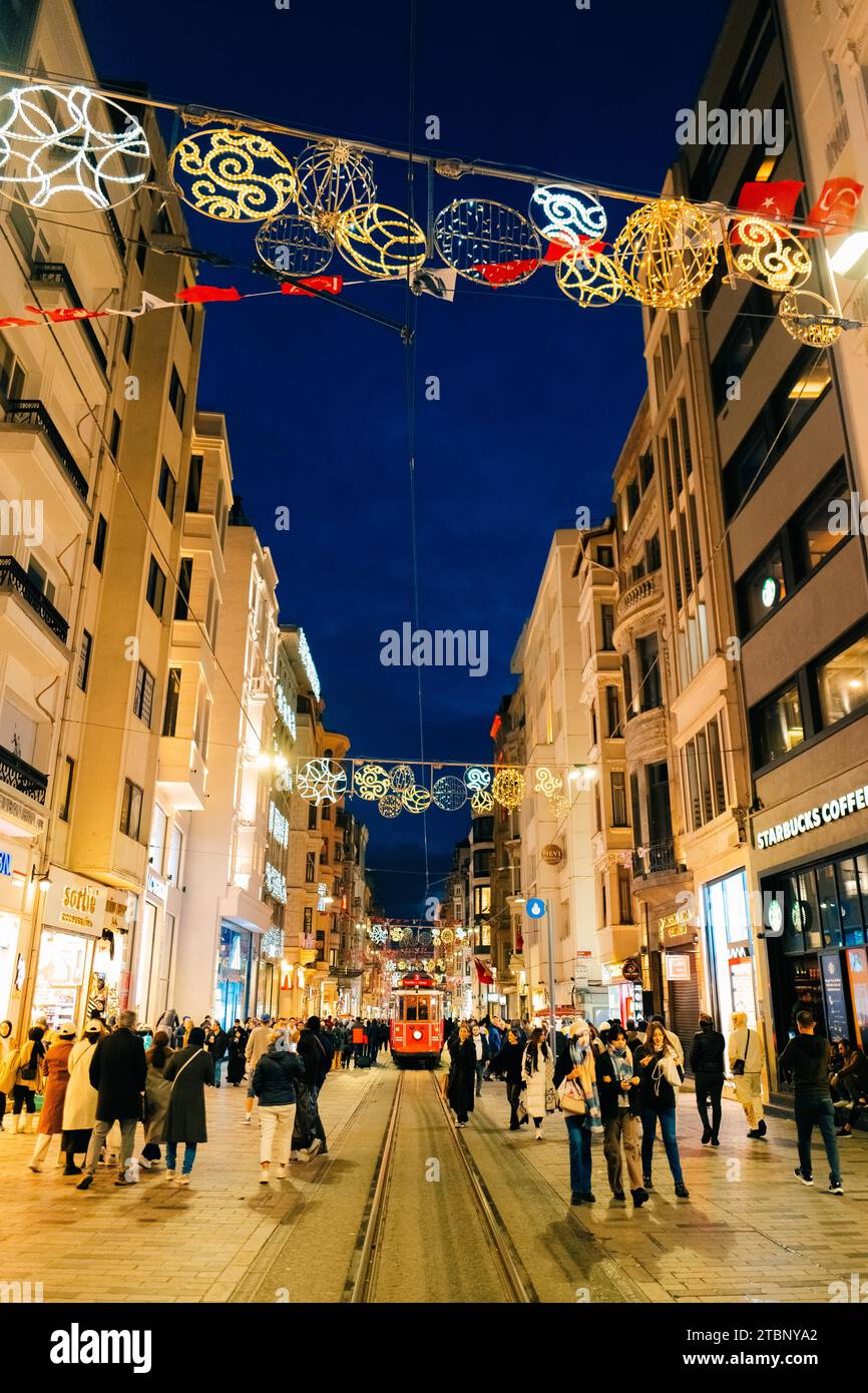 Historic red retro tram on Istiklal street in Istanbul Stock Photo - Alamy