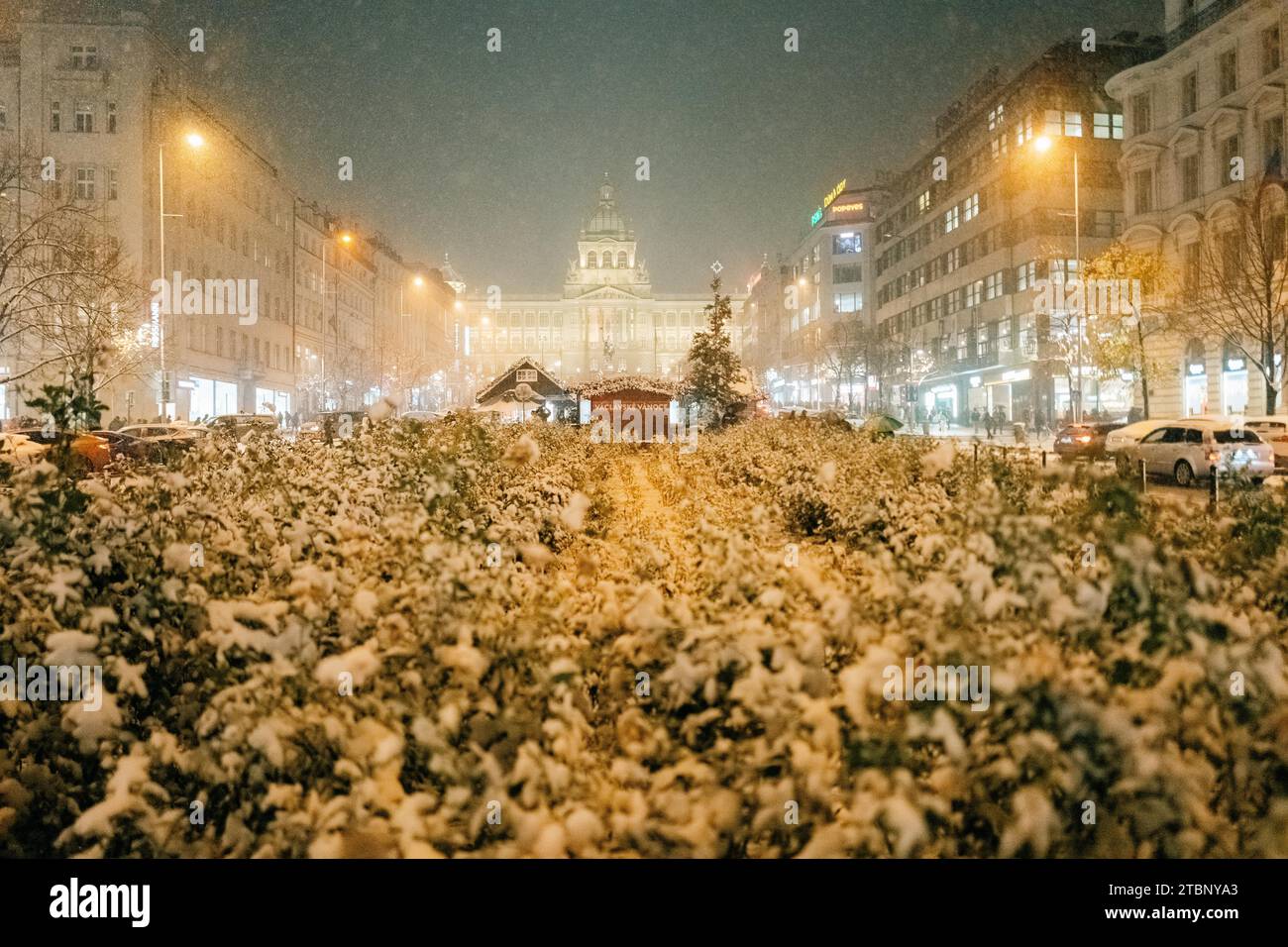 Christmas market on Wenceslas Square in Prague, snowy Stock Photo - Alamy