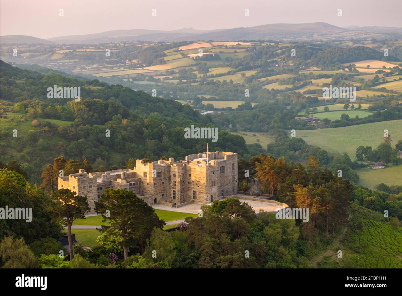 Aerial view of Castle Drogo at dawn on a summer morning, Dartmoor ...
