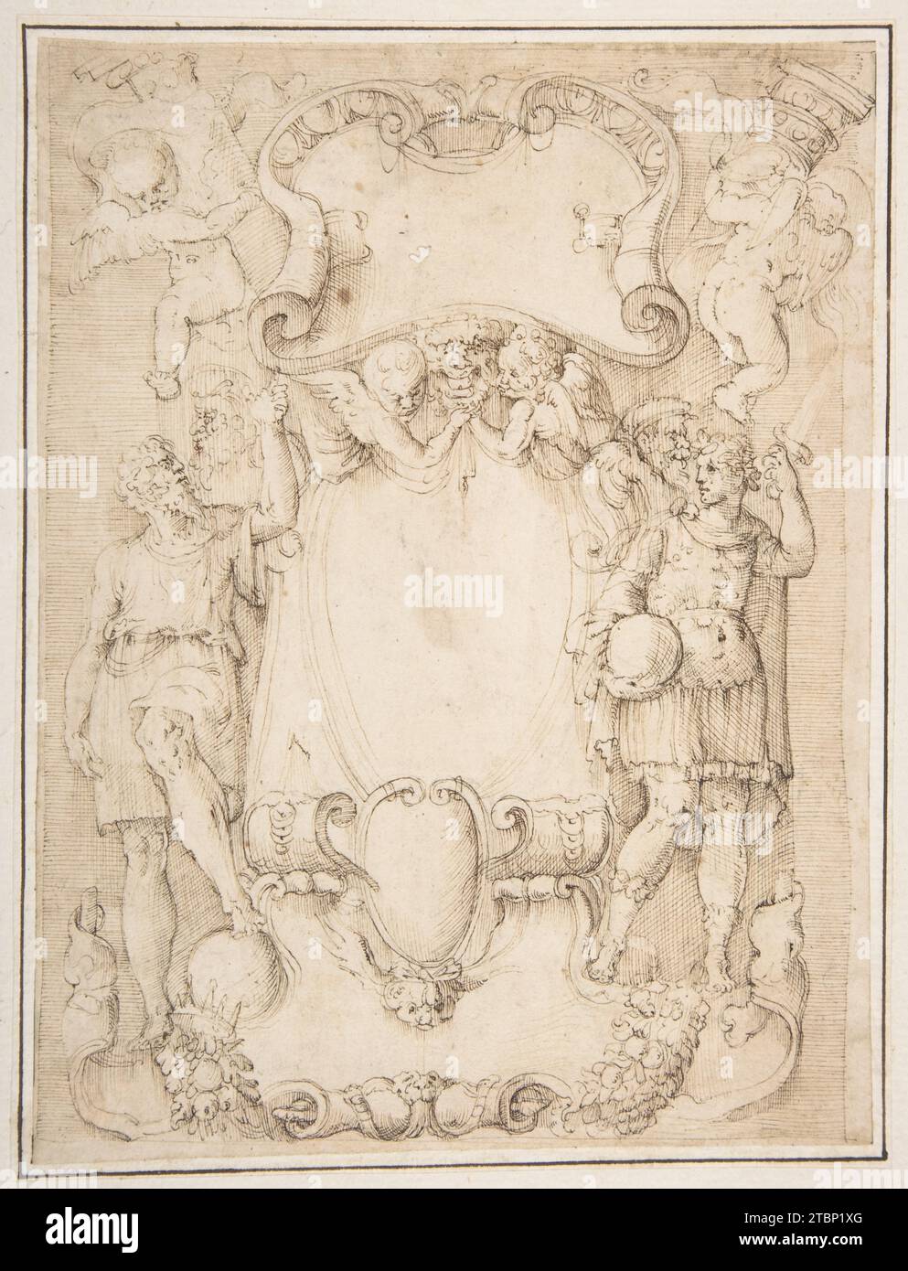Drawing of Cartouche with Bearded Man Left, Young man crowned with ...