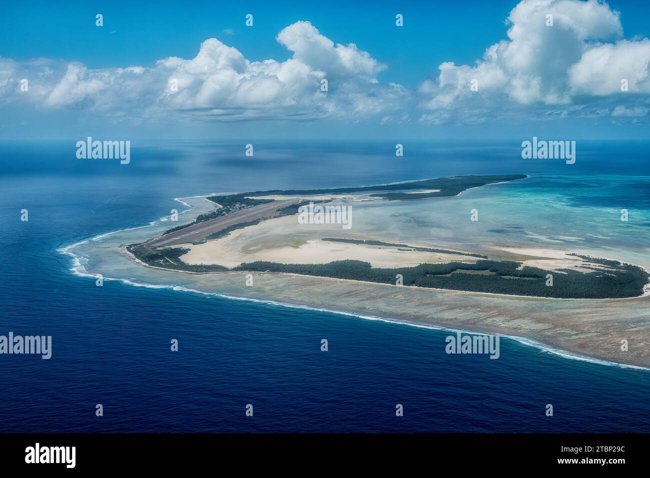 Aerial view of Cocos (Keeling) Islands and airstrip, Indian Ocean ...