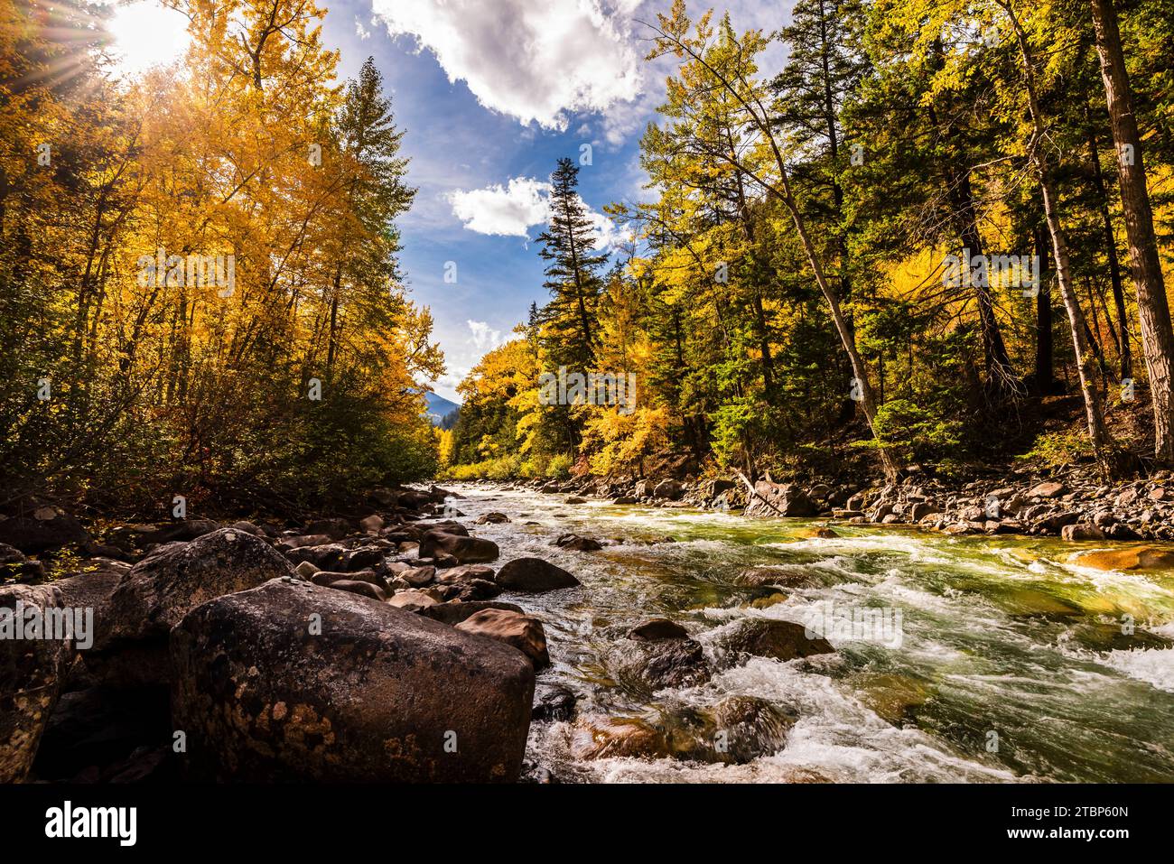 Sunburst over Cayoosh Creek in the autumn, Lillooet, British Columbia, Canada Stock Photo - Alamy
