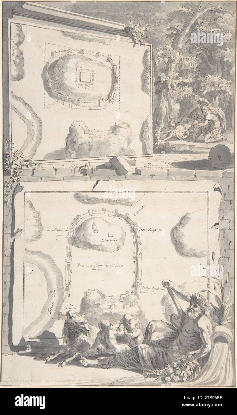 Two Maps of Ancient Rome with a River God and Romulus and Remus 1958 by ...