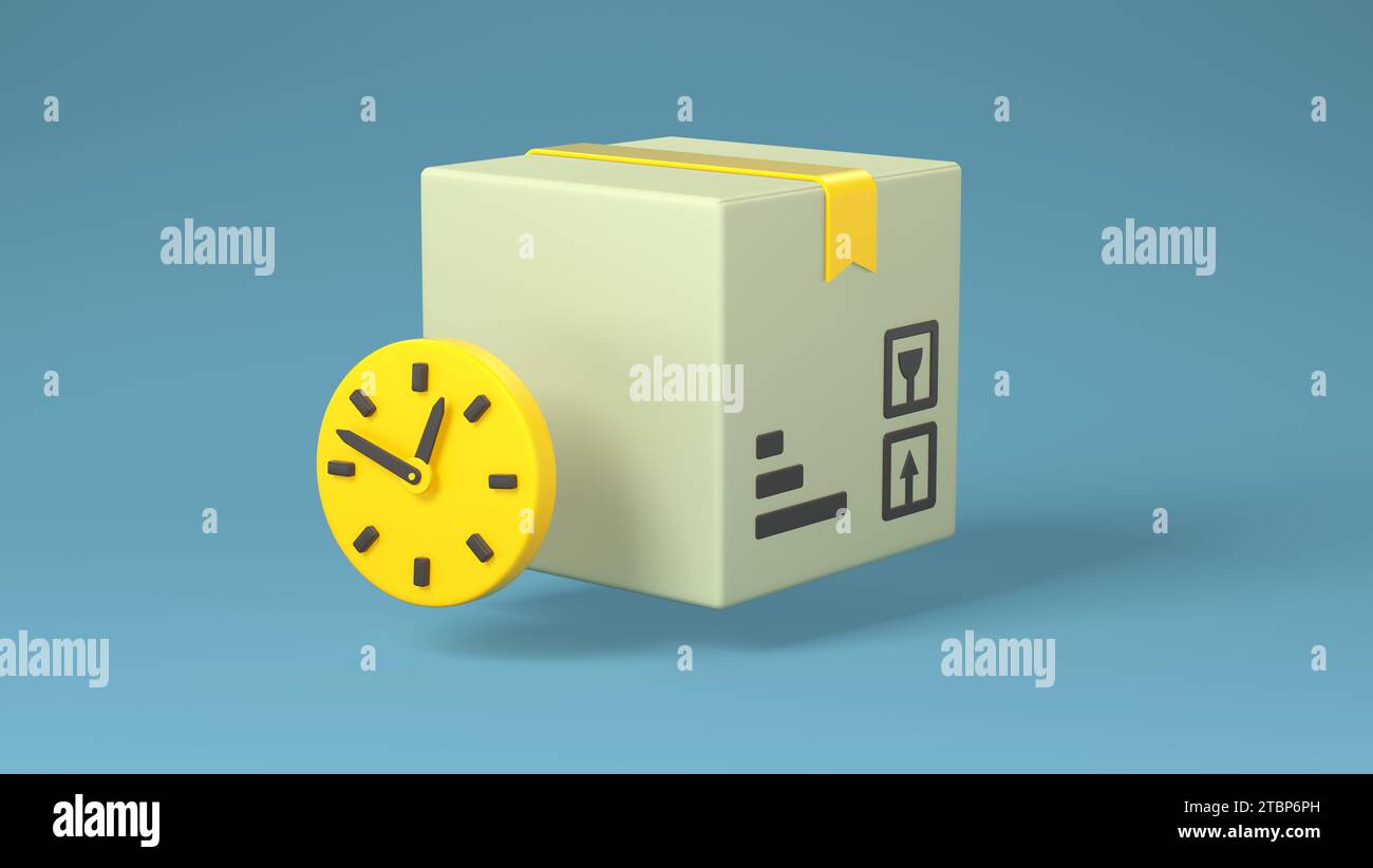 Cardboard Box or Delivery Package With Yellow Clock Mark on a Soft Blue ...