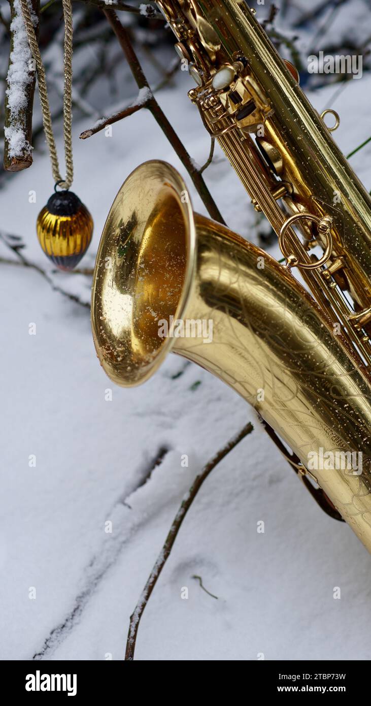 Saxophone in the snow Stock Photo - Alamy