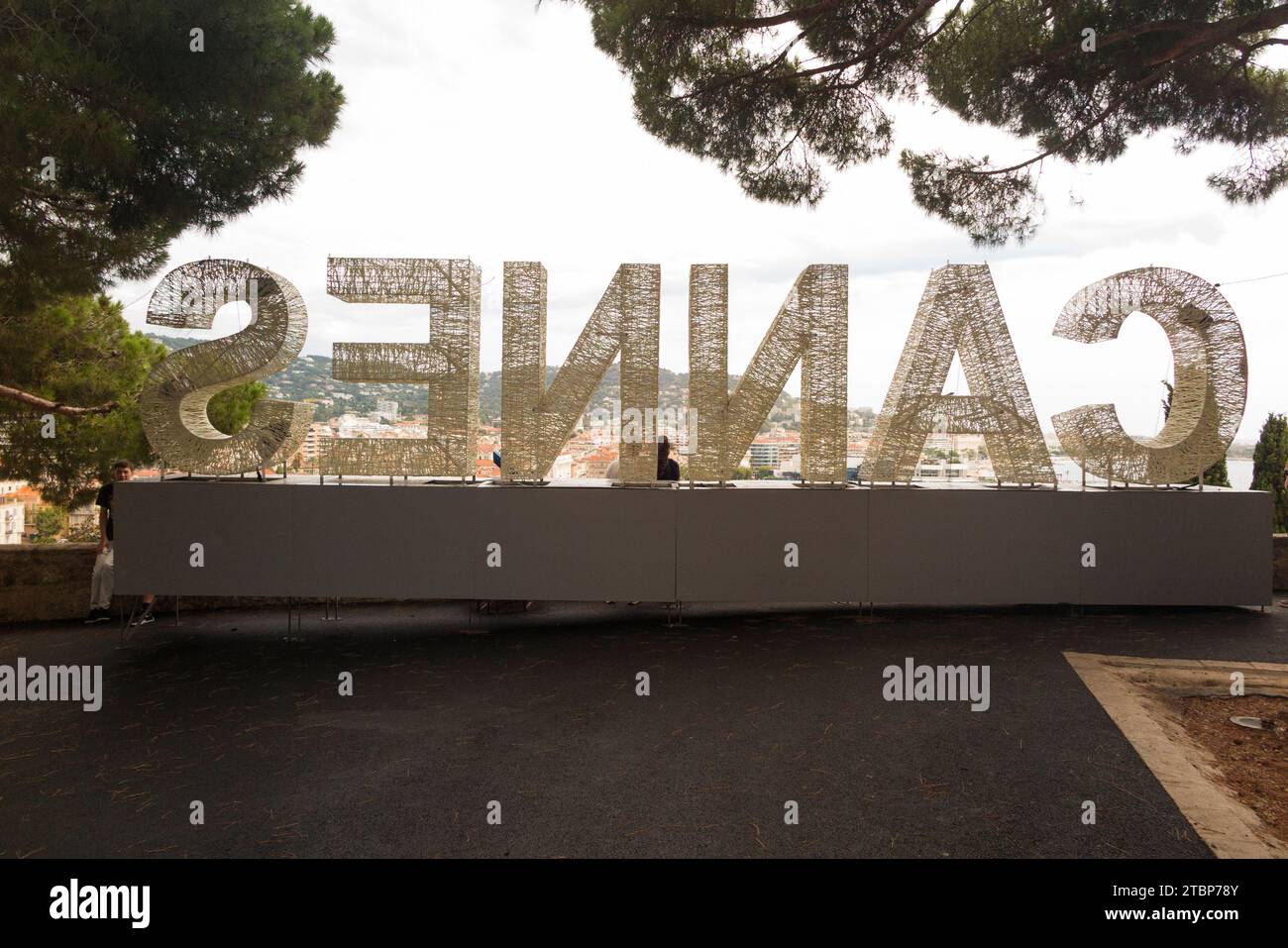 Large letters spell the word Cannes, sign overlooking town from Place ...