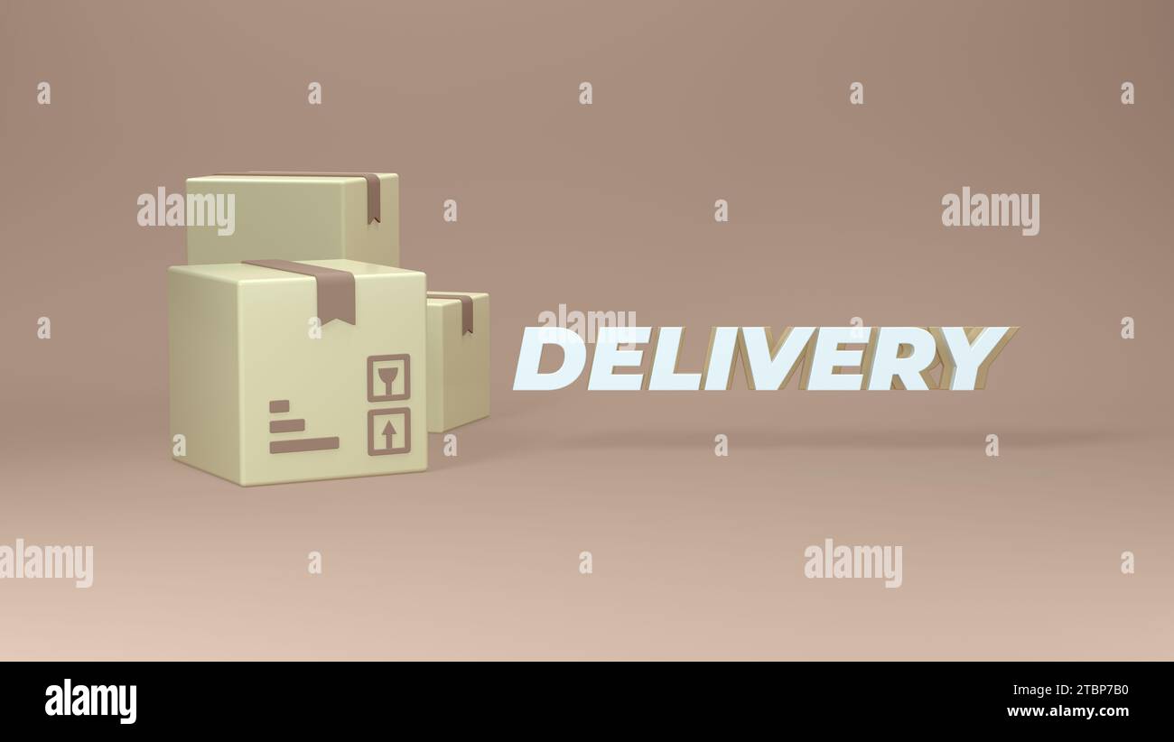 Three Cardboard Box or Delivery Packages with Text on a Soft Beige ...