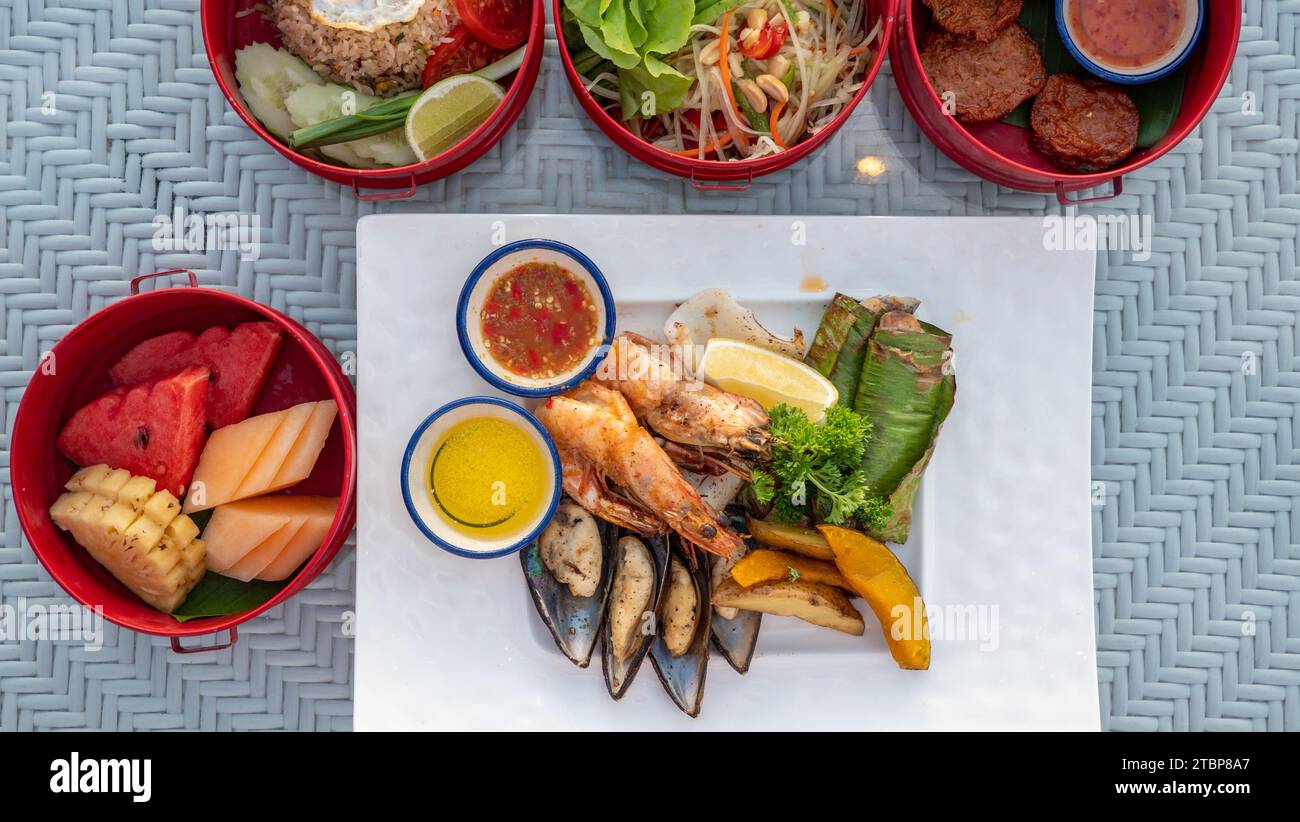 Assorted healthy food dishes on textured table. Healthy eating and ...
