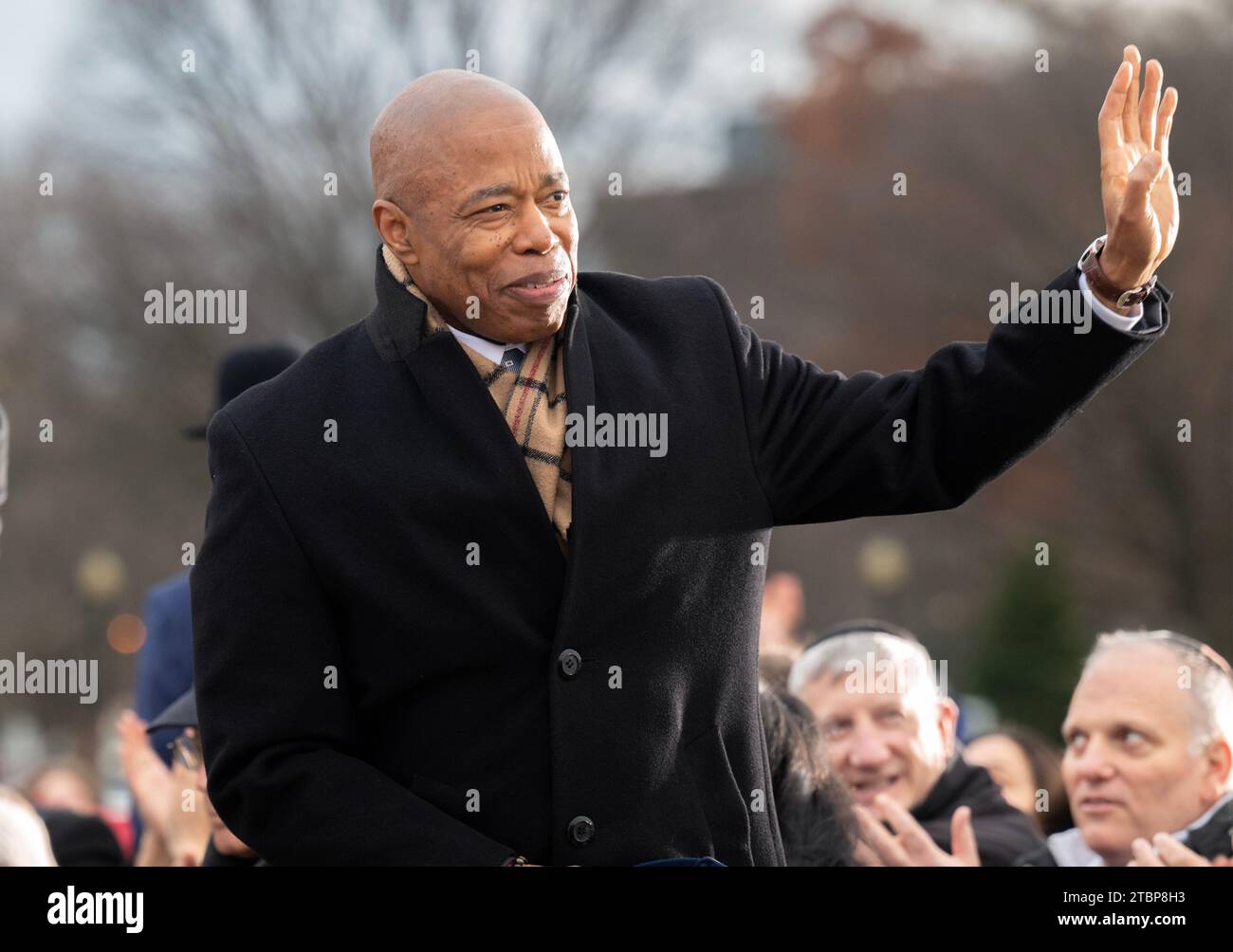Mayor Eric Adams (Democrat of New York, New York) waves to the crowd as ...