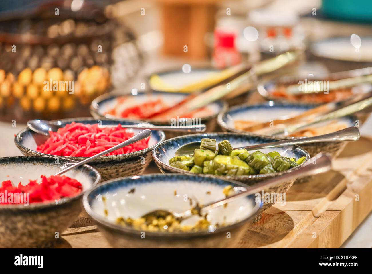 Assorted fresh vegetable toppings at salad bar. Healthy food choices ...