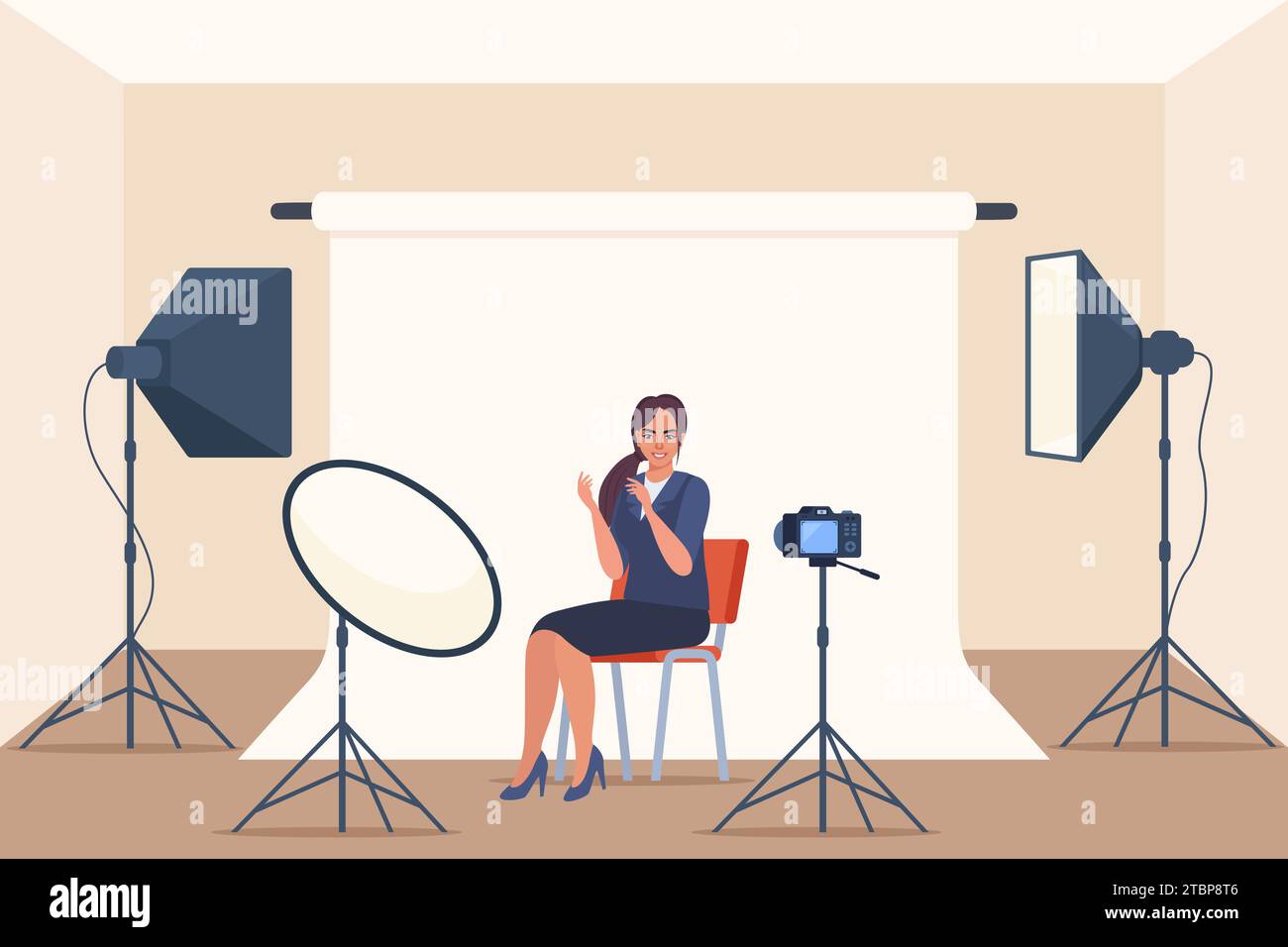 Shooting interview in professional studio. Soft box light, camera, spotlight. Professional ...