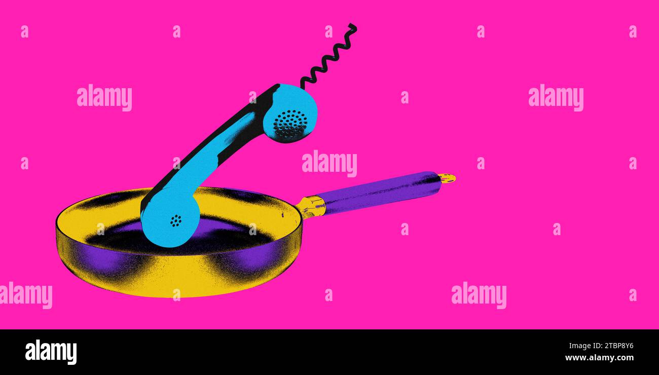 Deadlines, burning tasks. Retro headset, phone on frying pan over pink ...