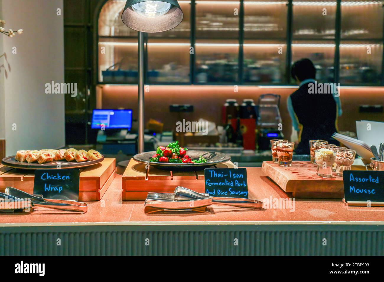 Delicatessen display at gourmet buffet with varied dishes. Food ...