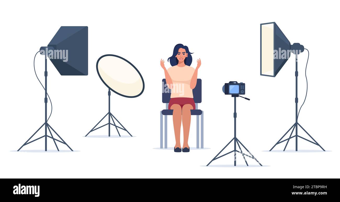 Shooting interview in professional studio. Soft box light, camera ...