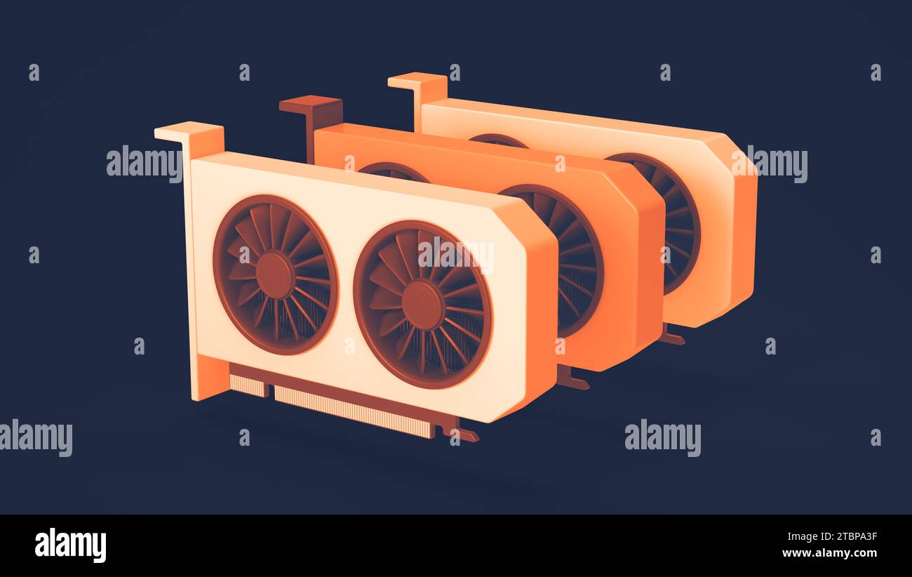 Three Simple Orange Dual Fan Graphics Card GPU on a Dark Blue ...