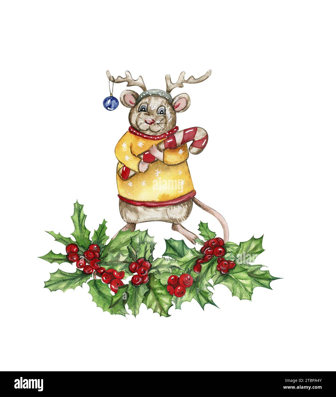 Christmas composition with mice in cartoon style. Watercolor Christmas ...