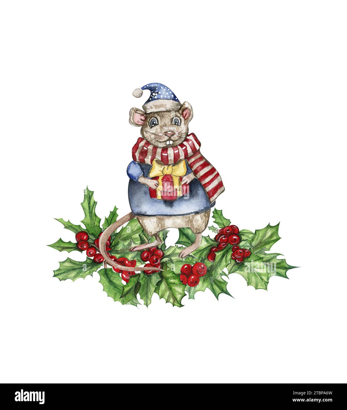 Christmas composition with mice in cartoon style. Watercolor Christmas ...