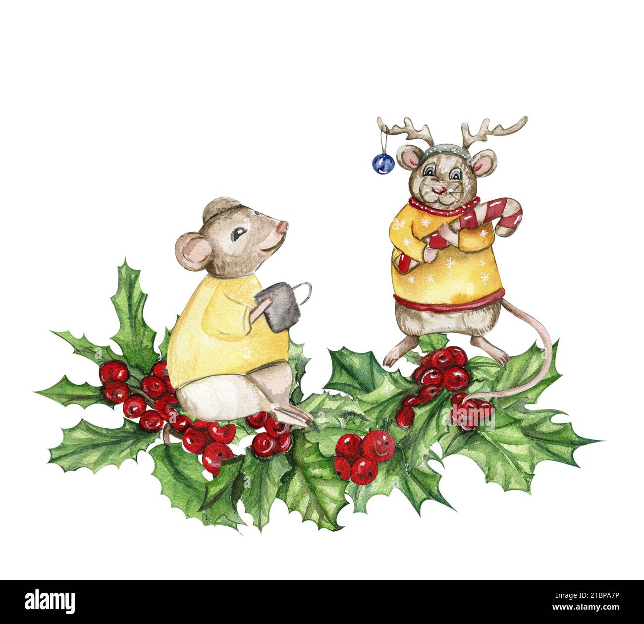 Christmas composition with mice in cartoon style. Watercolor Christmas ...