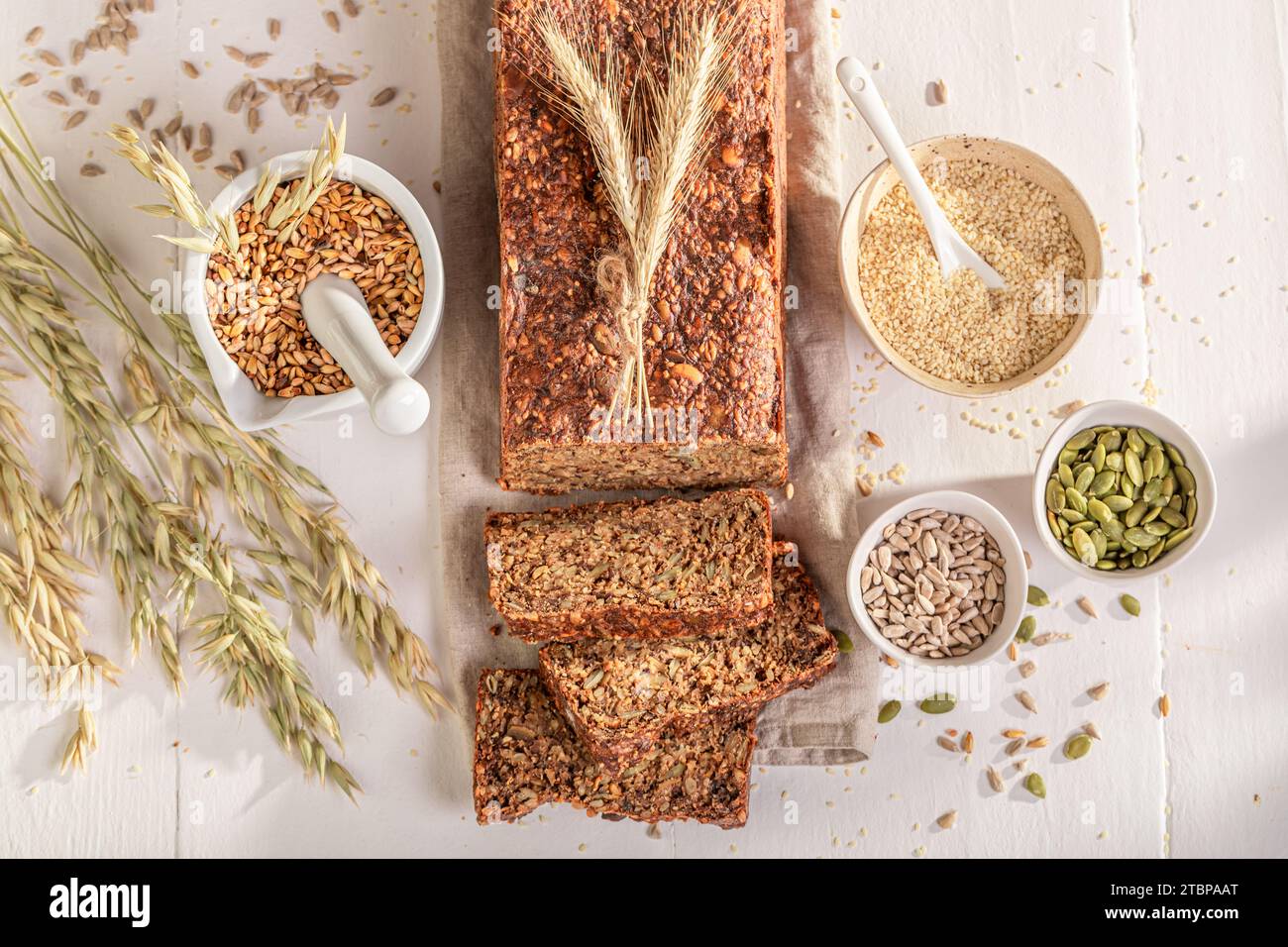 Multigrain loaf of wholemeal bread as source of fiber. Graham bread ...