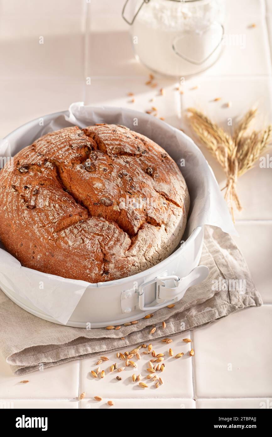 Healthy loaf of round bread as source of fiber and energy. Homemade ...