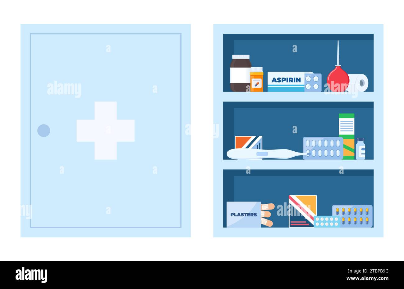 Medicine chest full of drugs, pills and bottles. Open and closed ...