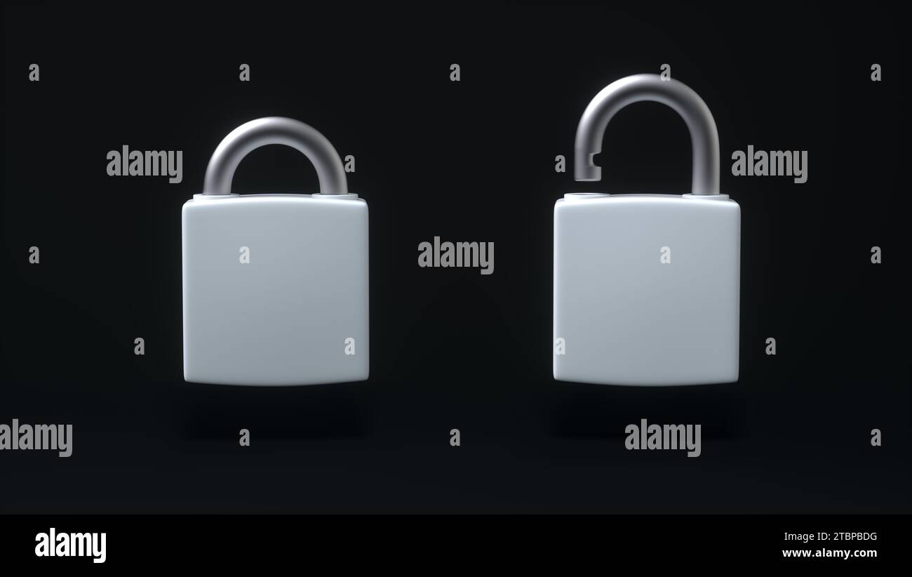 White Locked and Unlocked Padlocks Isolated Over Black Background ...