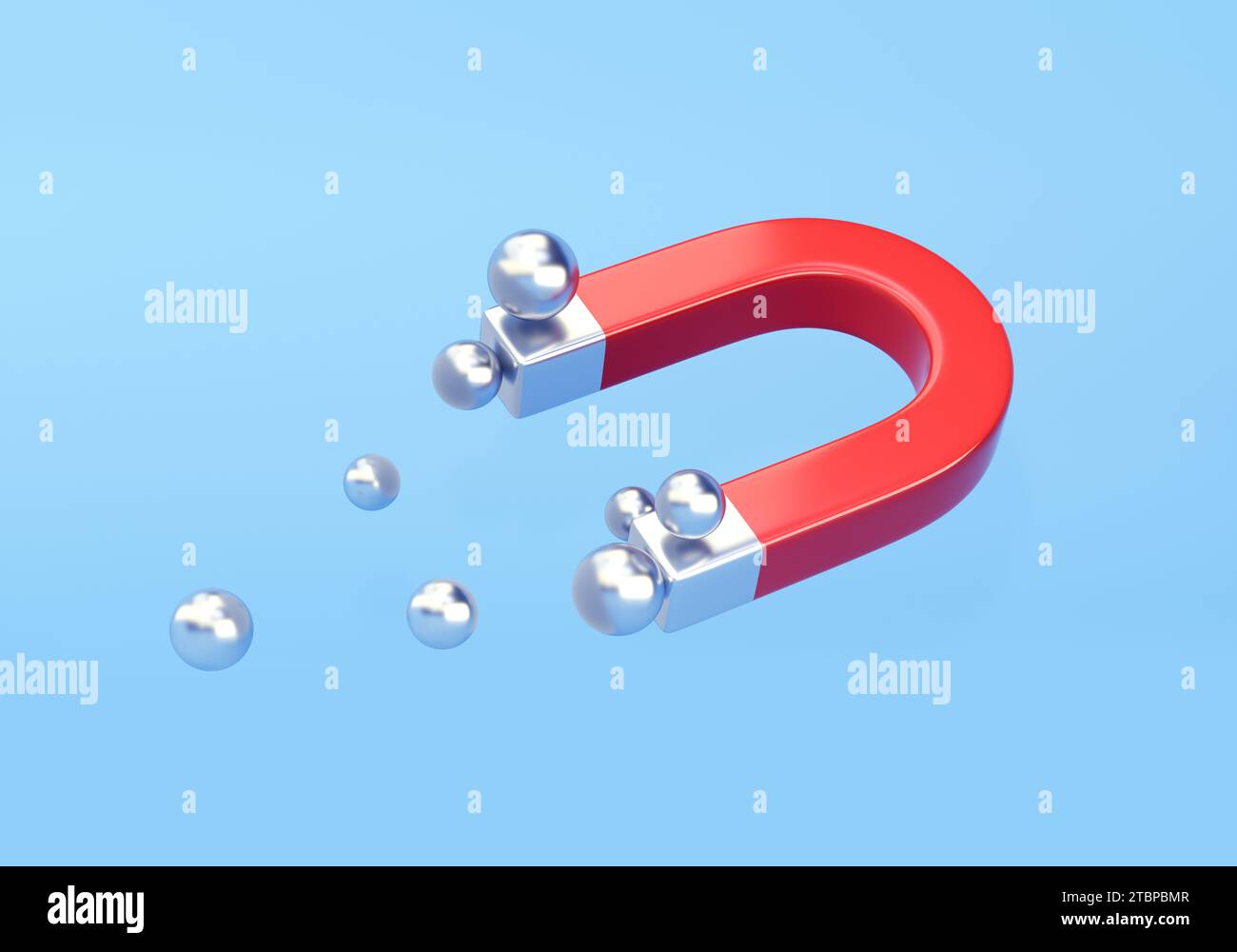 Simple Red Magnet Attracting Metal Spheres Isolated Over Soft Blue ...