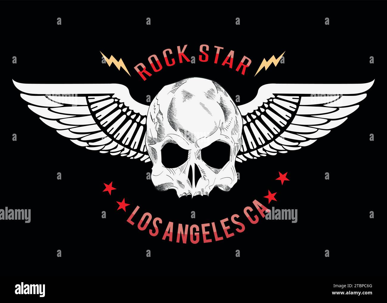 Rock star. Winged skull t-shirt design on a black background. Satanic ...