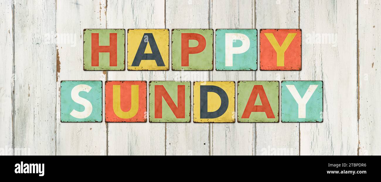 Colorful tin signs - Happy Sunday Stock Photo - Alamy