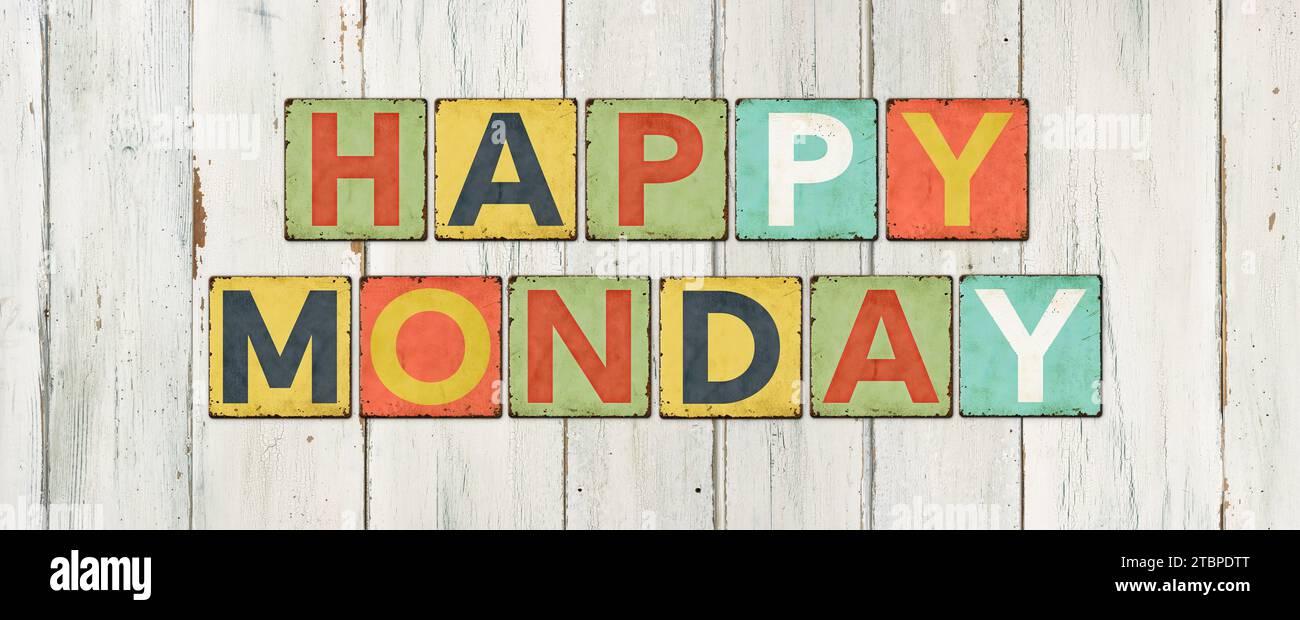 Colorful tin signs - Happy Monday Stock Photo - Alamy