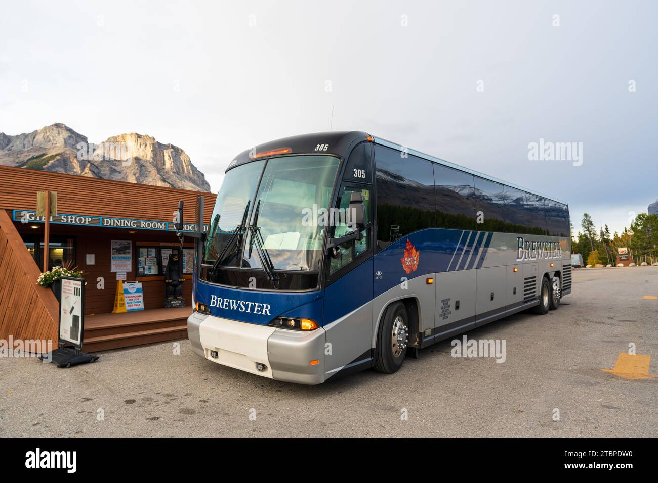 Brewster Express Bus stopping in front of the Saskatchewan River ...
