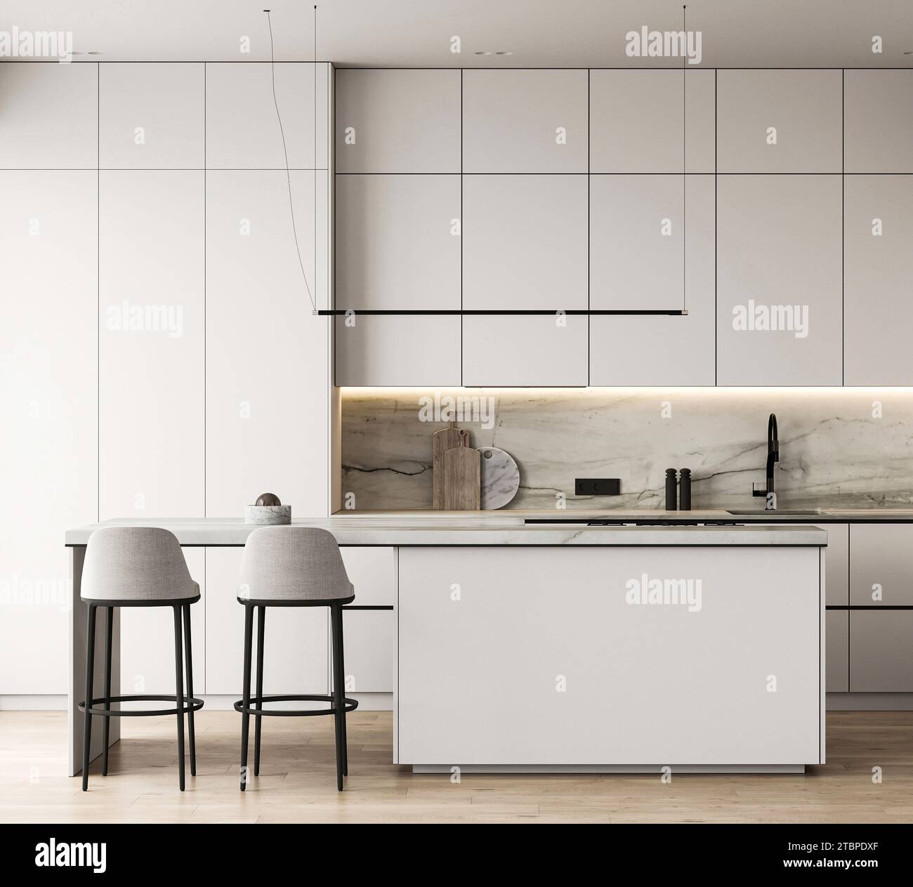 Ultra-modern kitchen with streamlined cabinetry and a marble feature ...