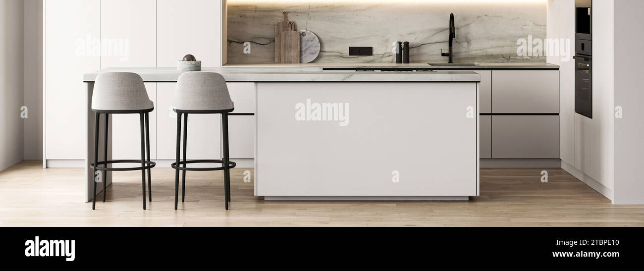 Spacious and bright modern kitchen with marble backsplash and high-end ...