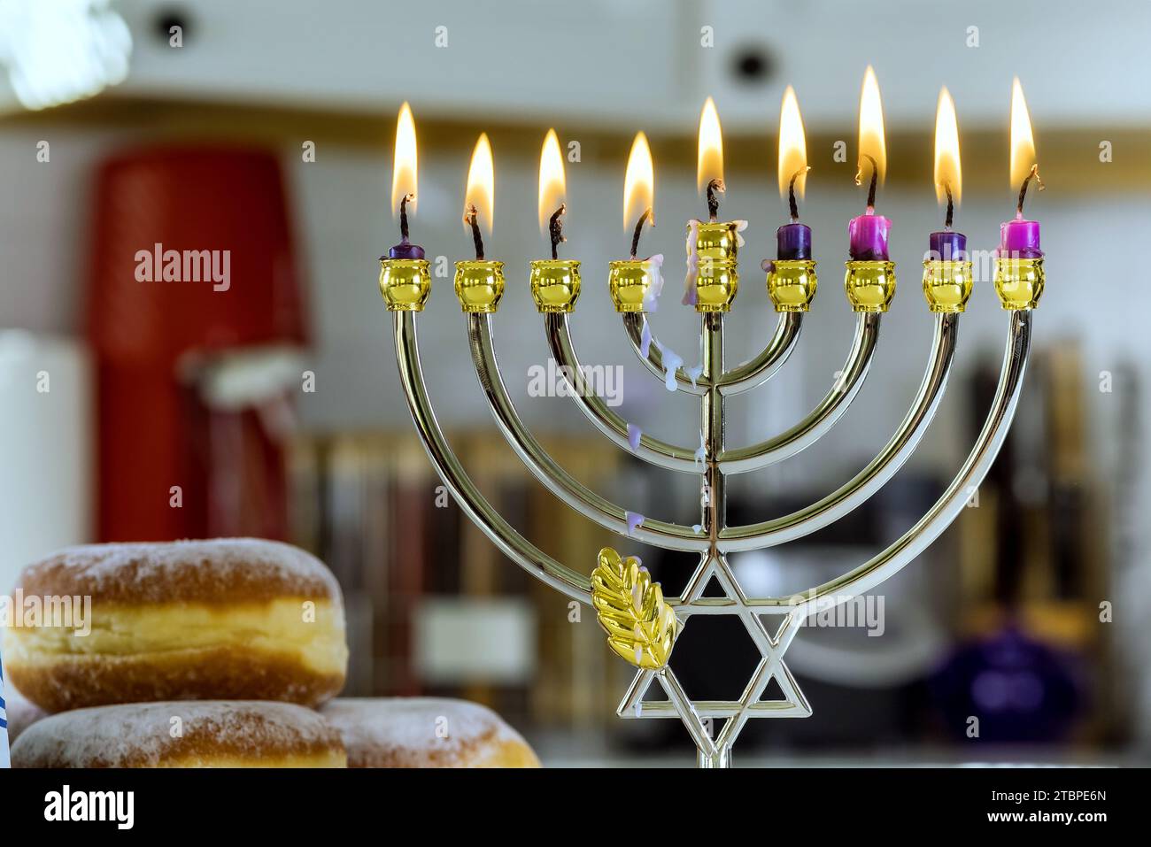 Hanukkah menorah symbols of Jewish holiday on Hanukkiah menorahs Stock ...