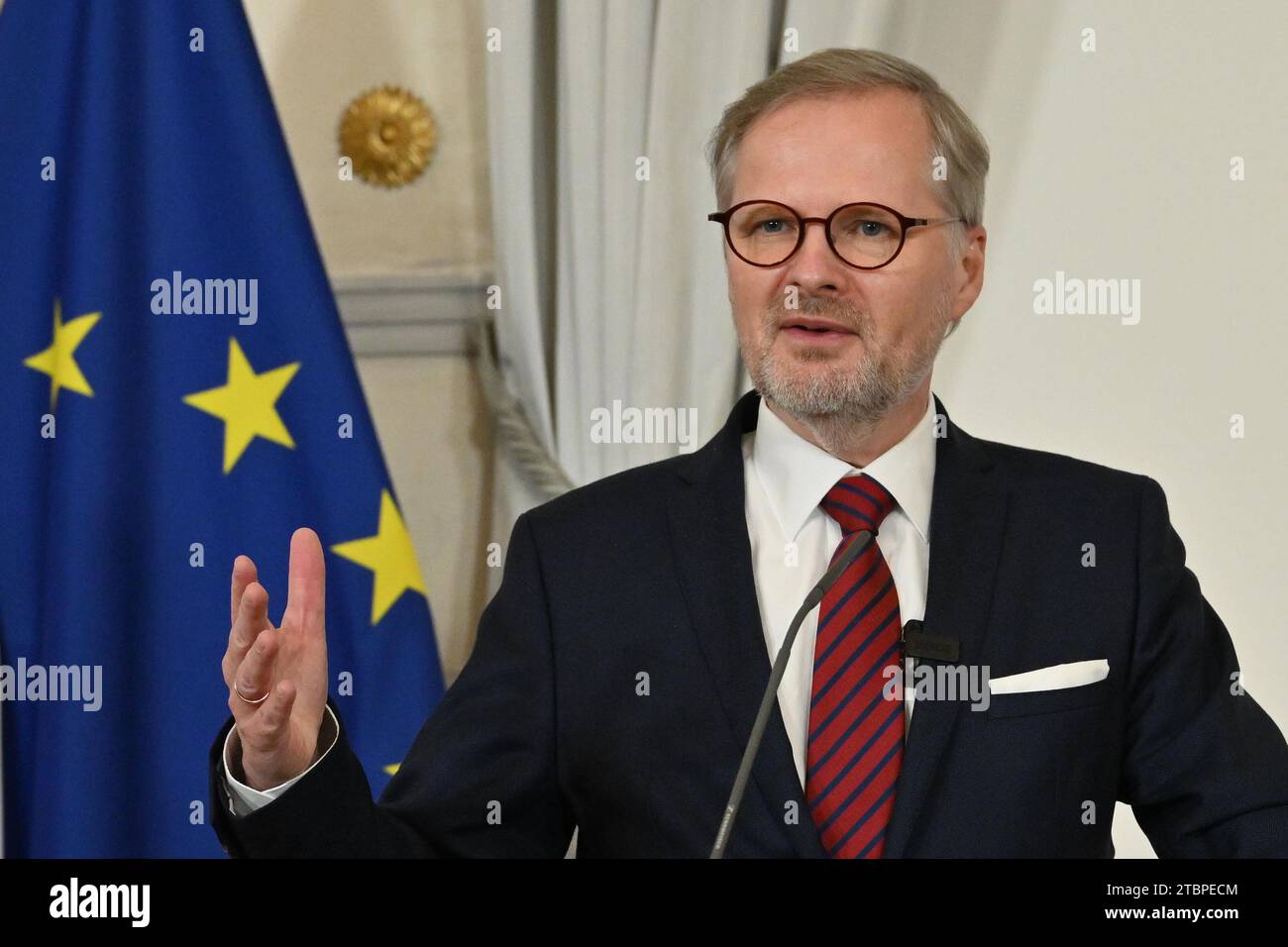 Czech Prime Minister Petr Fiala speaks during the press conference after the talks with Austrian ...