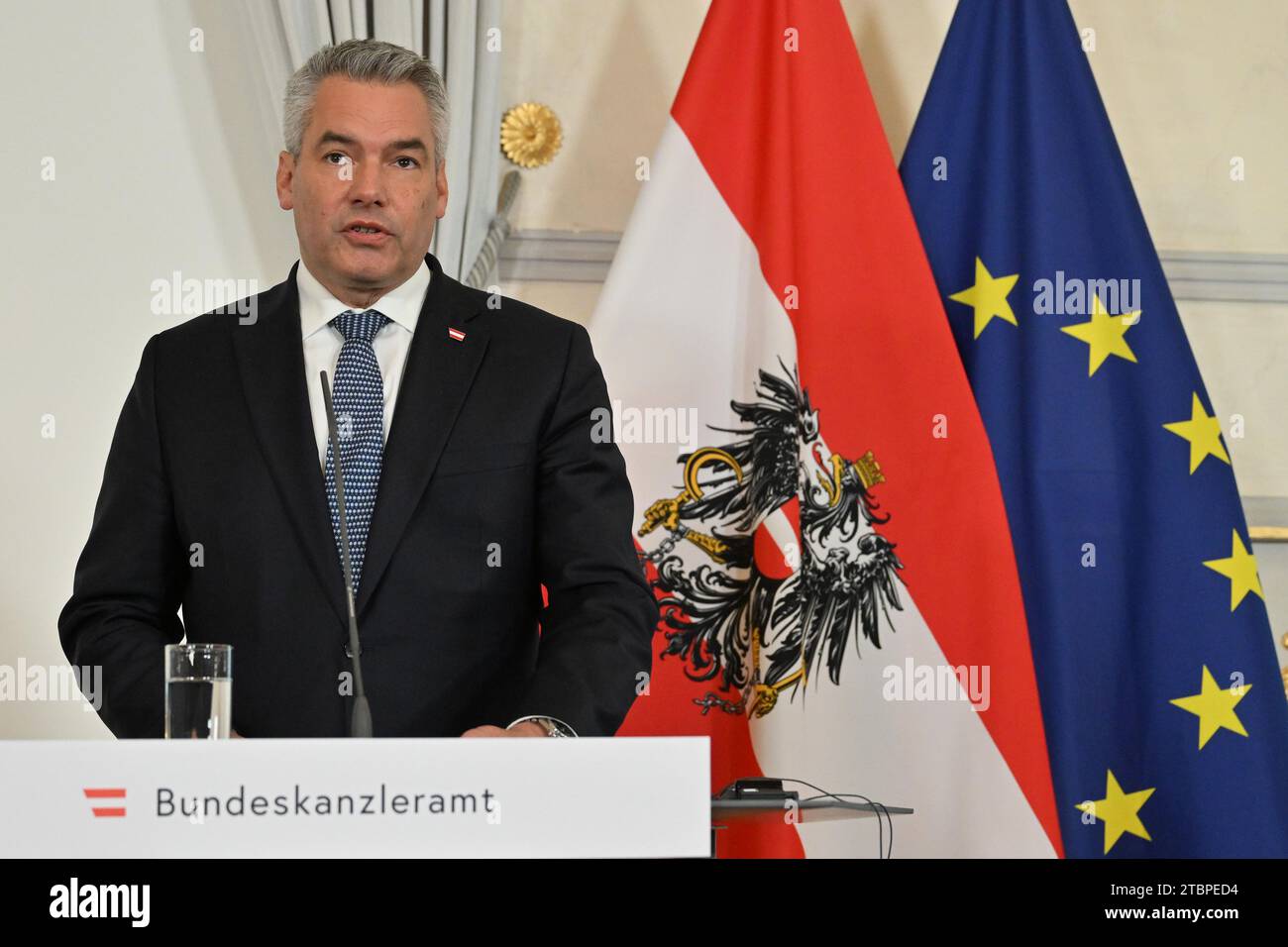 Austrian Chancellor Karl Nehammer speaks during the press conference after the talks with Czech ...