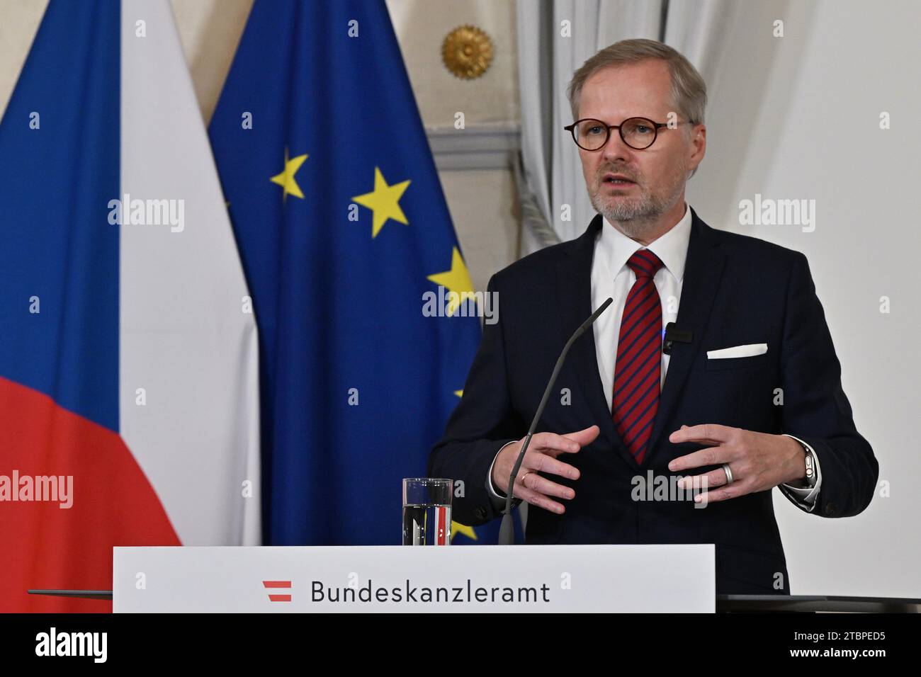 Czech Prime Minister Petr Fiala speaks during the press conference ...