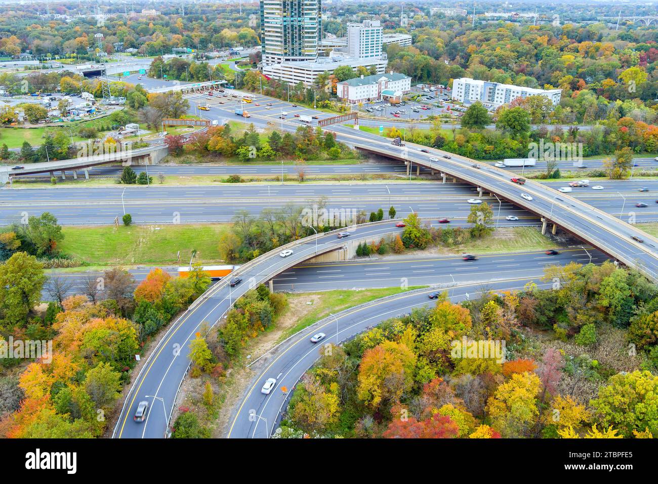 An aerial view of American freeway I-95 NJ Turnpike with heavy traffic ...