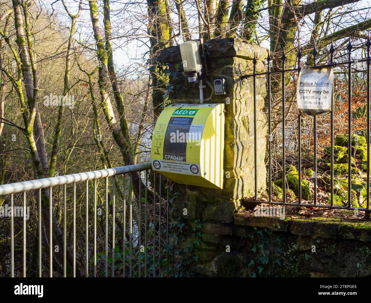 06.12.2023 Entwistle, Bolton, Lancashire, UK. AED Difibrilator secured ...