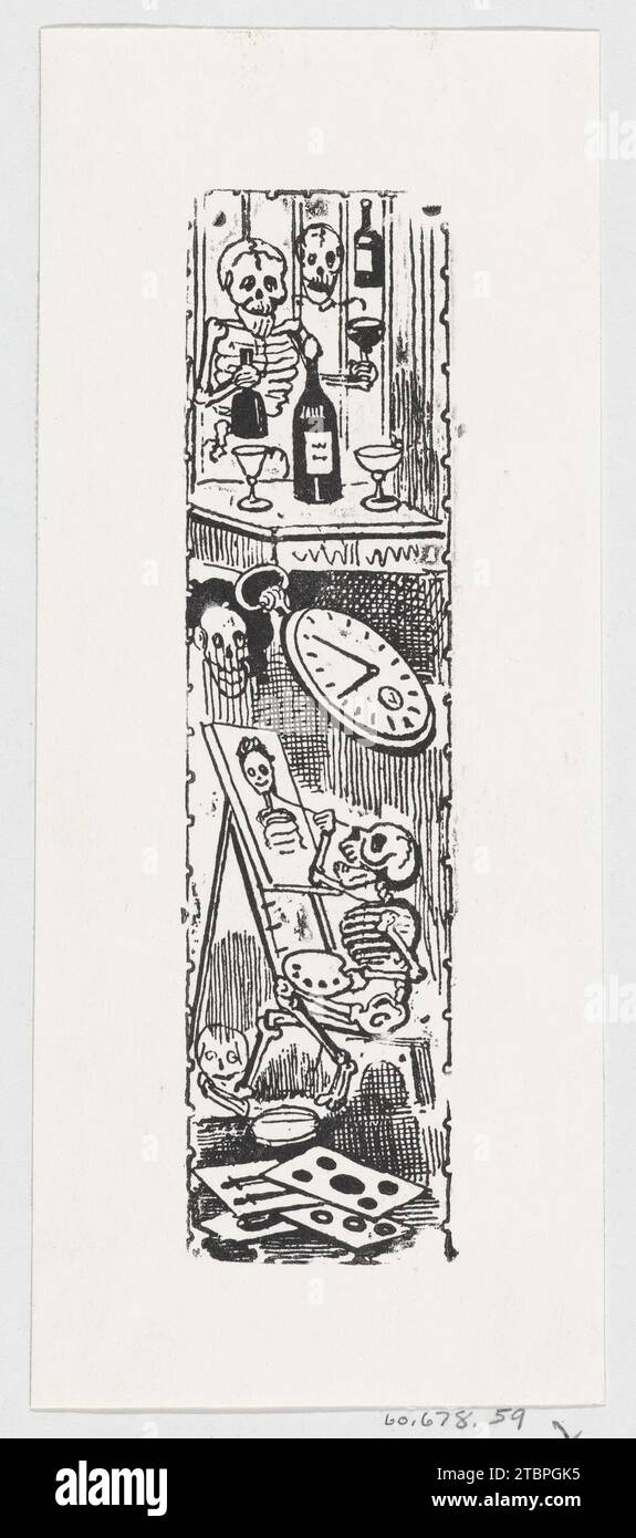 A skeleton painting and another skeleton holding a bottle of liquor ...