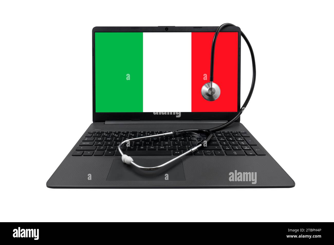 Laptop with Italy flag on screen and medical stethoscope on white ...