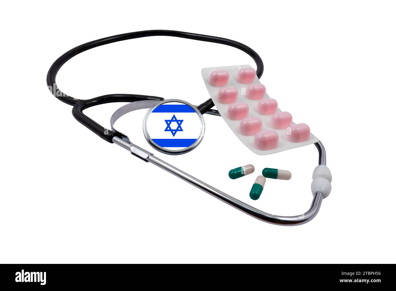 Medical stethoscope with a head in the shape of the Israeli flag and ...