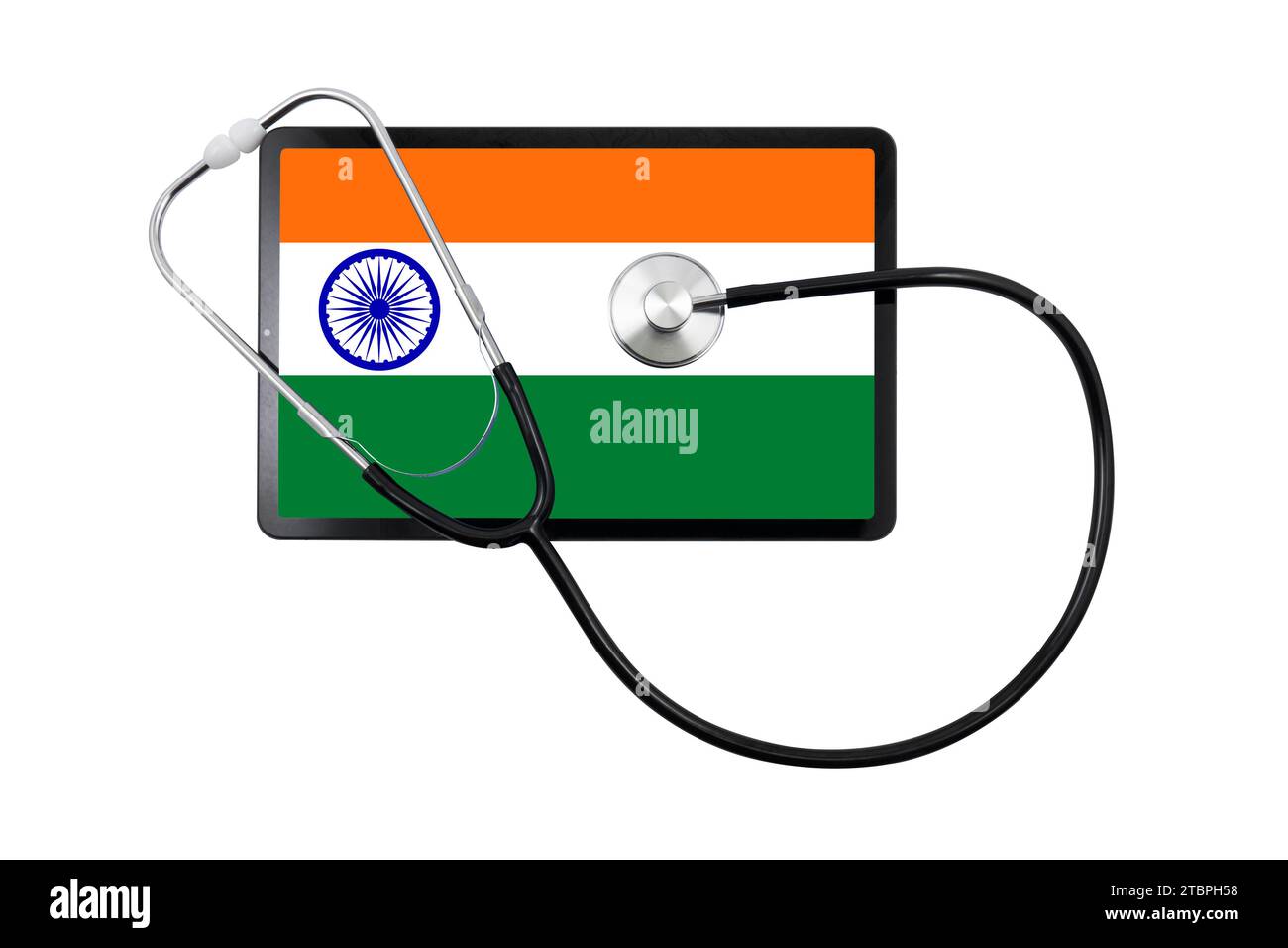 Tablet PC with India flag on screen and medical stethoscope, isolated ...