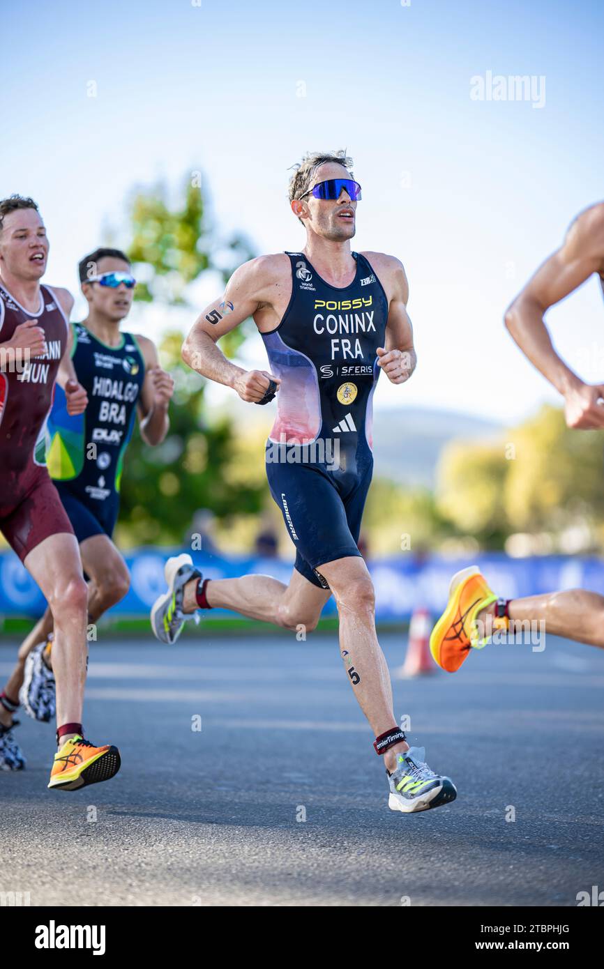 Dorian Coninx participating in Pontevedra in the 2023 World Triathlon ...