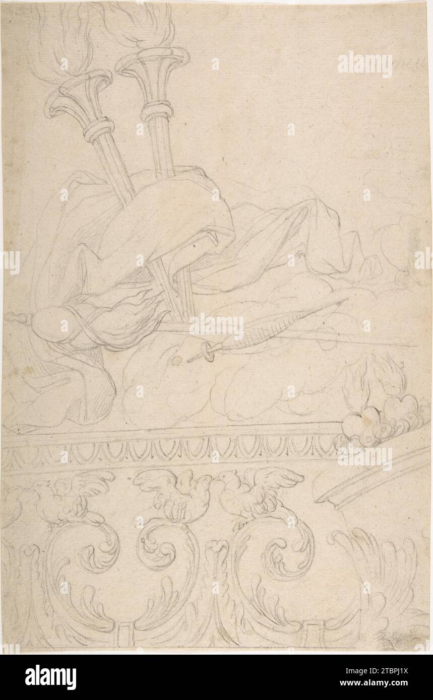 Ornament with Two Torches, a Spindle and Flax above a Rinceau of Doves ...